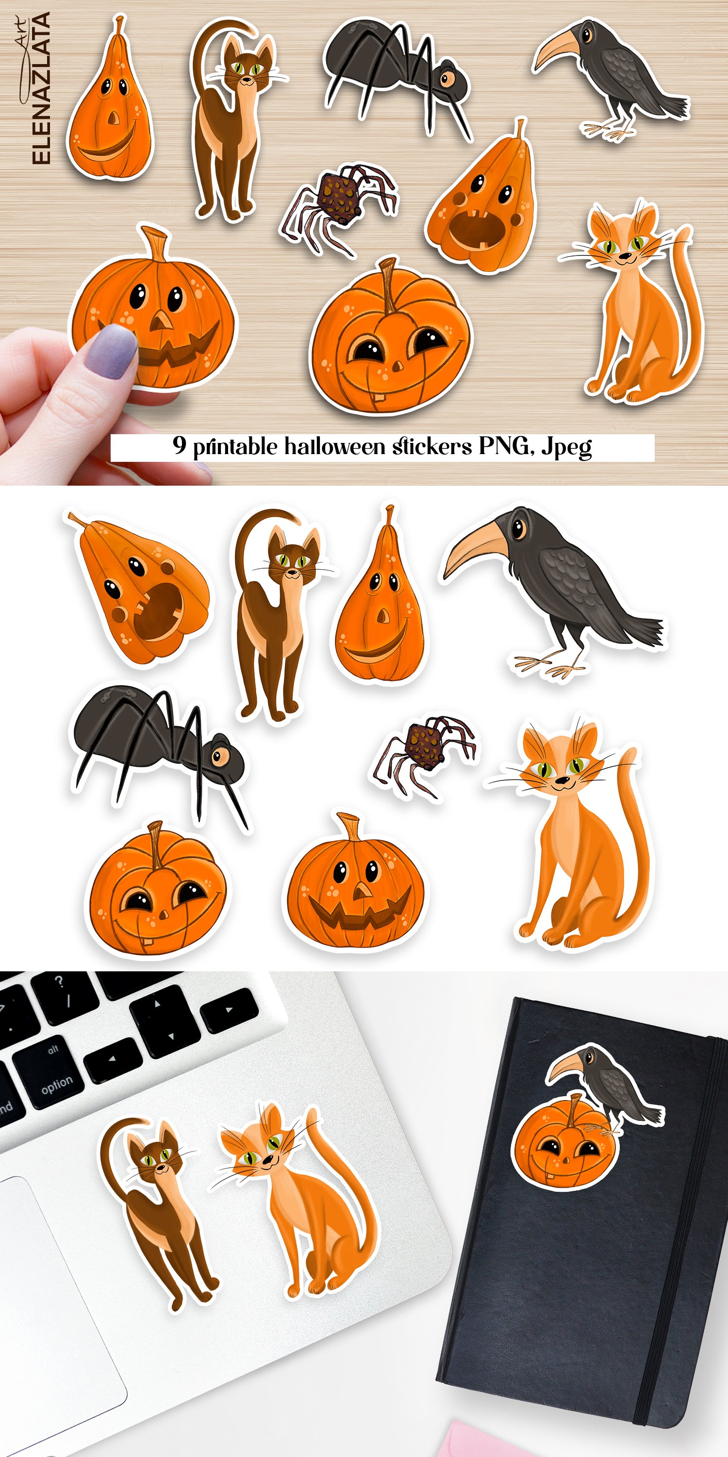 Cute Halloween stickers, cat, Pumpkin, raven, spider