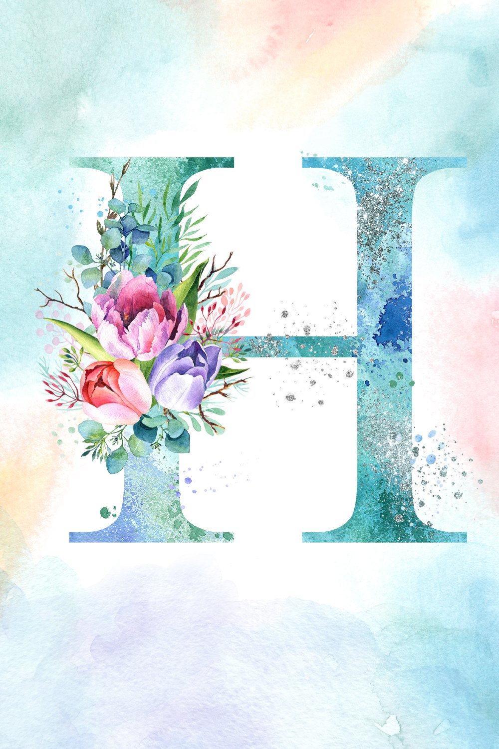 Spring Watercolor Letter. Monogram H. Sublimation Design.