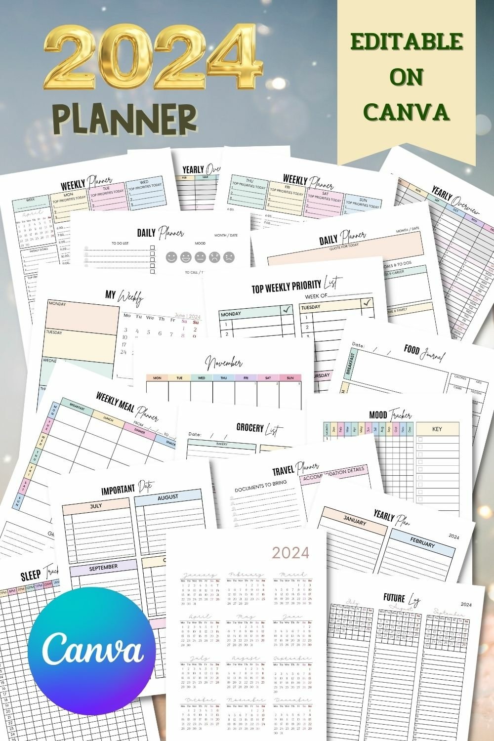 2024 Yearly, Monthly, Weekly, Daily Planner | Canva Template