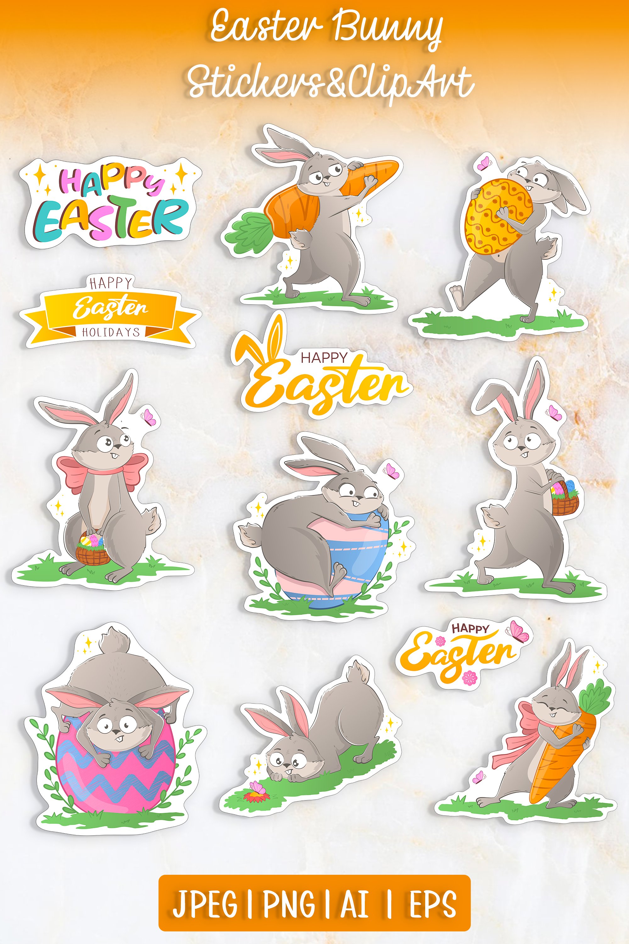 Cheerful Easter bunny stickers and clipart