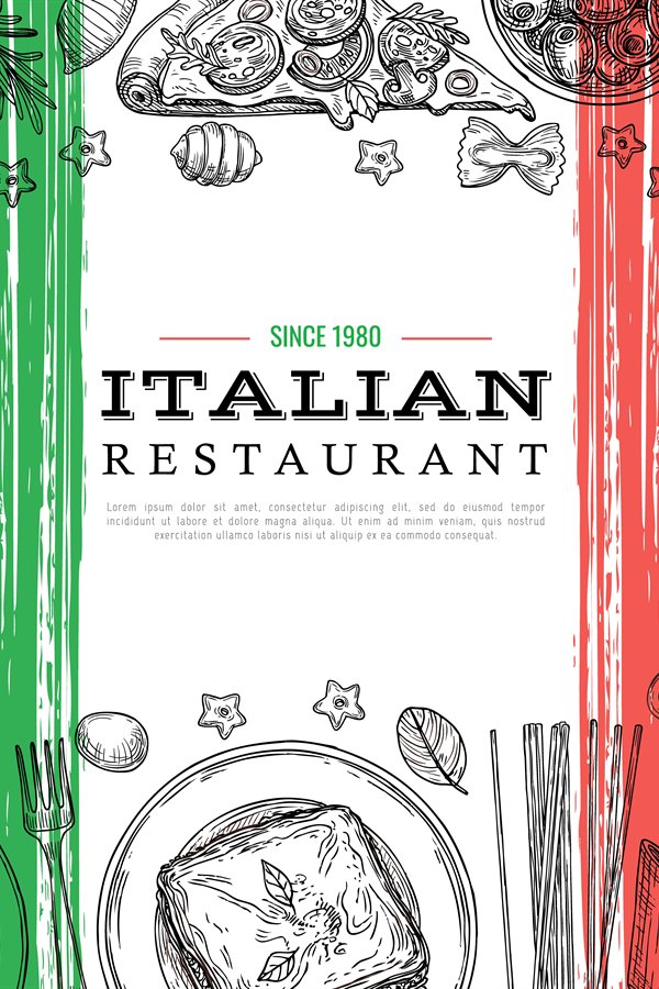 Italian food banner. Restaurant menu, vegetables and spaghet