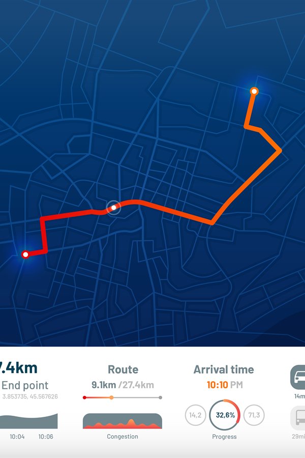 Route dashboard. City street map navigation, town running ro