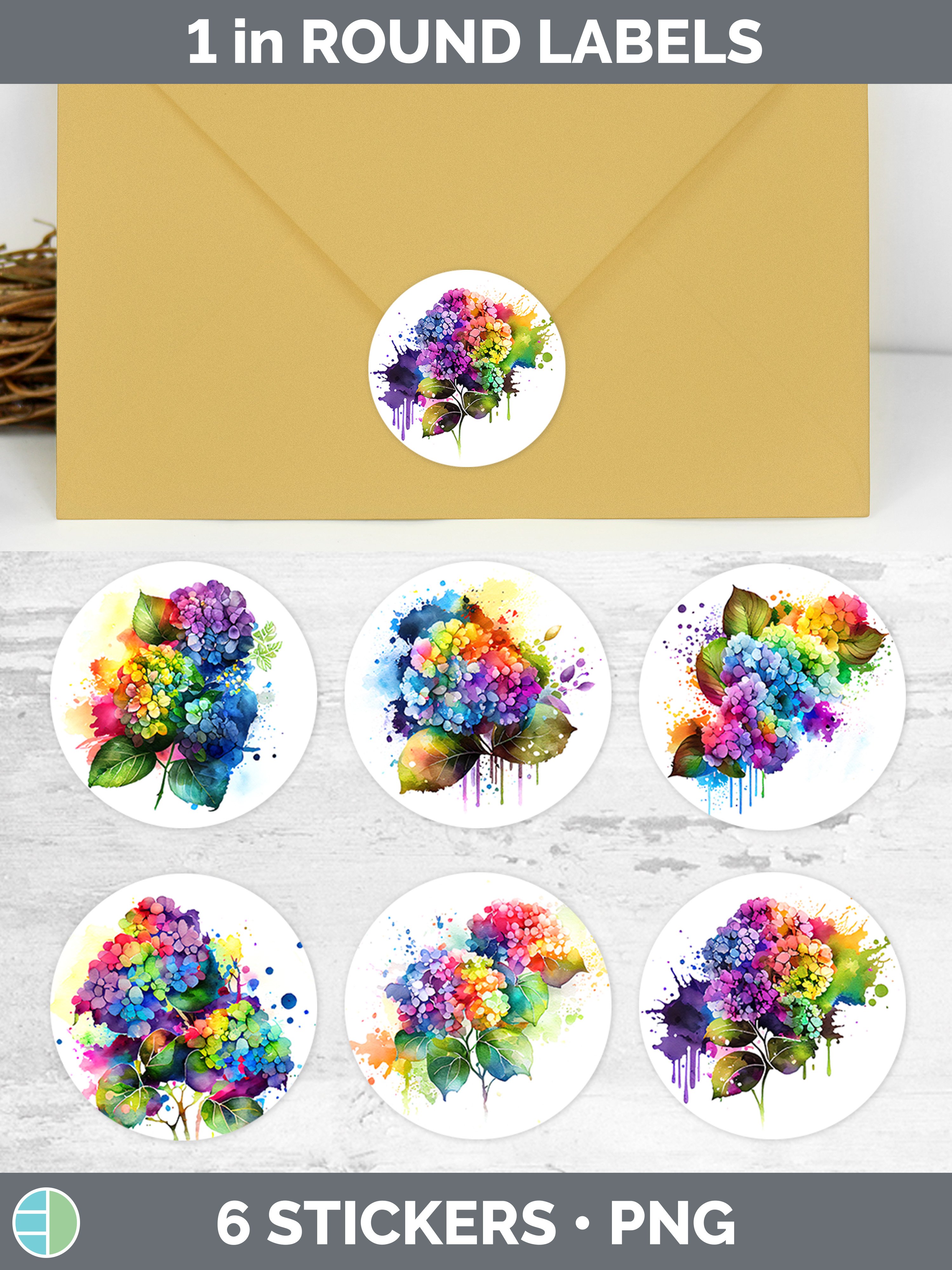 Rainbow Hydrangea Flowers Stickers | Round Labels Designs Bu