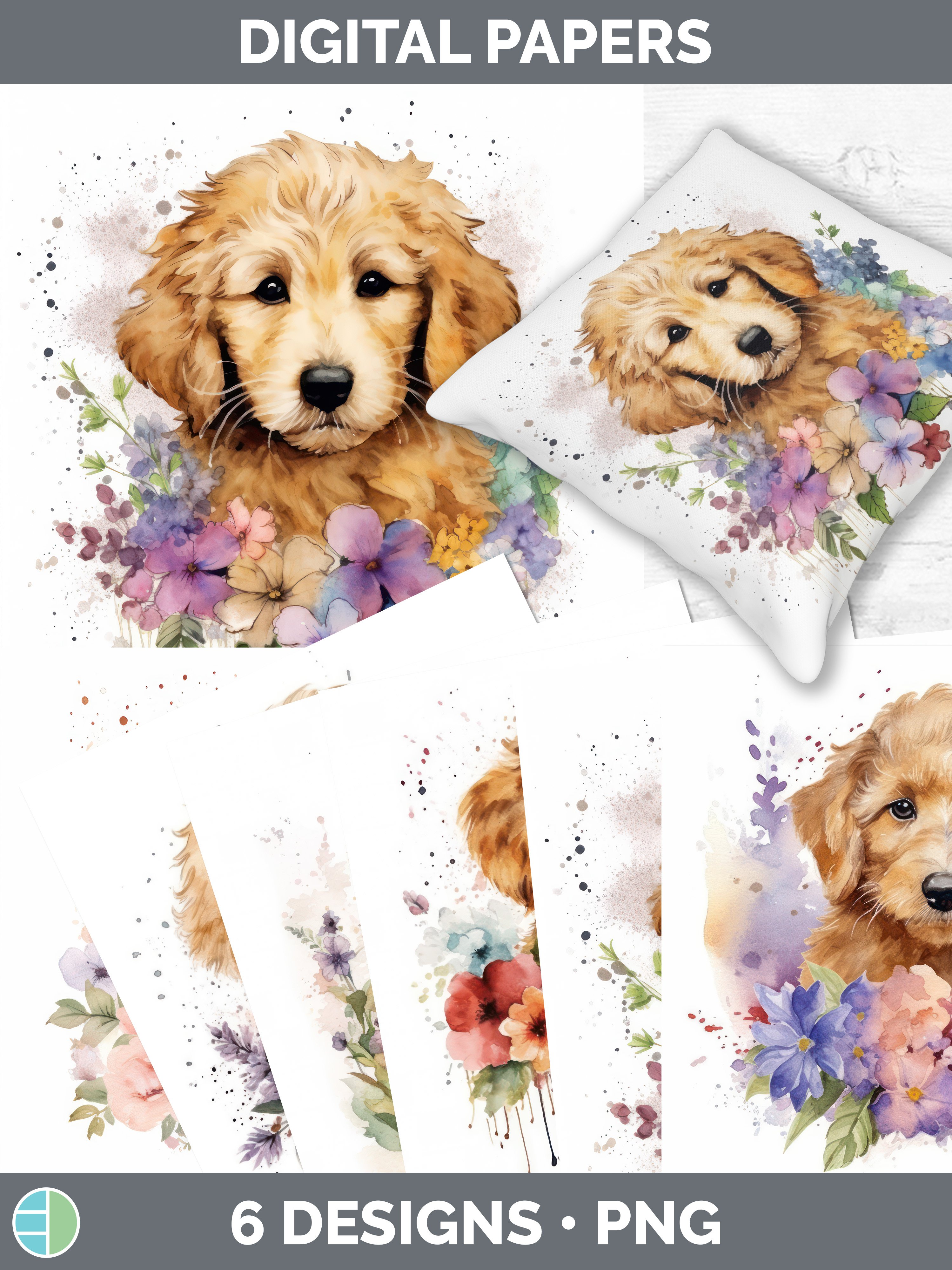 Watercolor Goldendoodle Dog Paper Backgrounds | Digital Scra