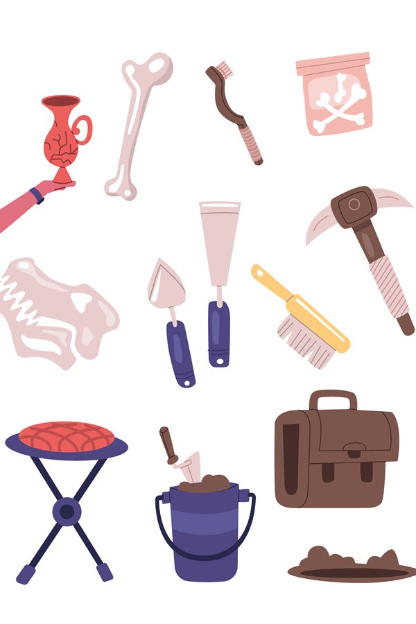 Archaeology explorer character with archaeology dig equipmen