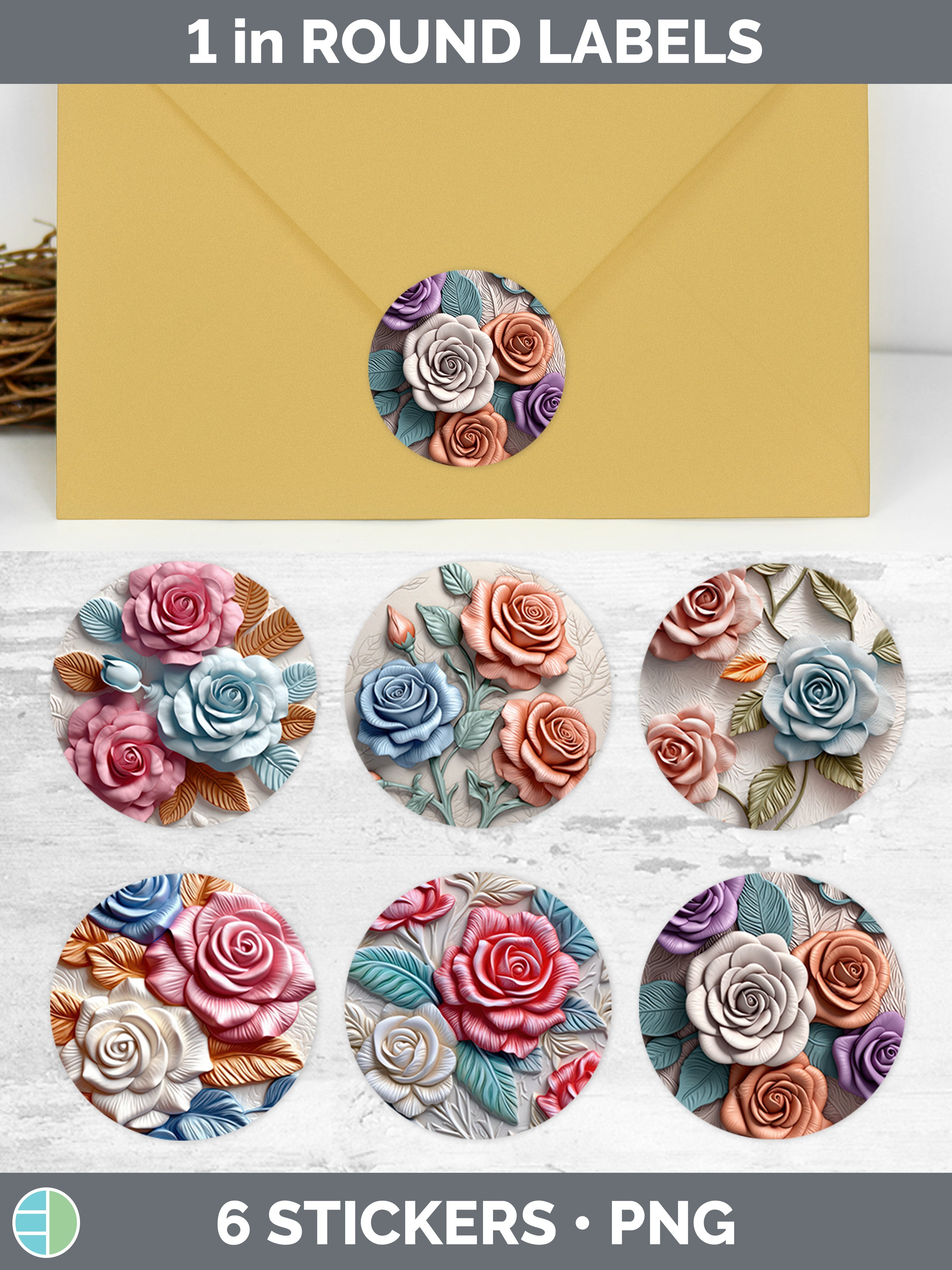 3D Rose Flowers Stickers | Round Labels Designs Bundle