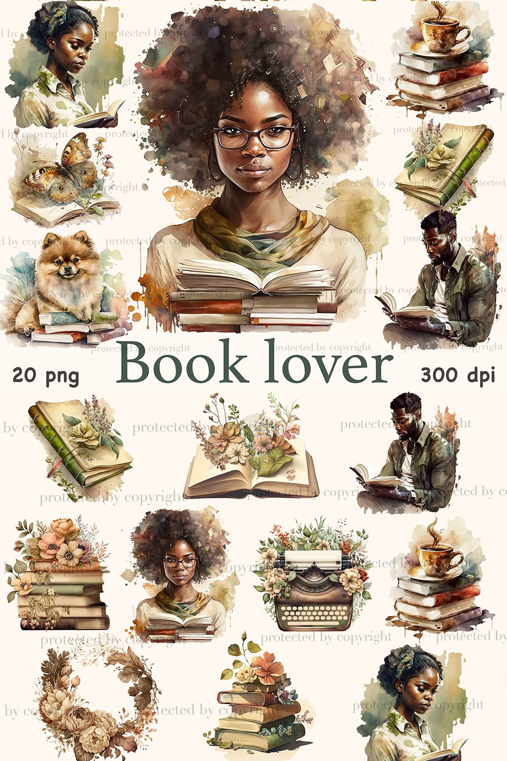 Bookworm Watercolor Graphics | Book Lover Clipart