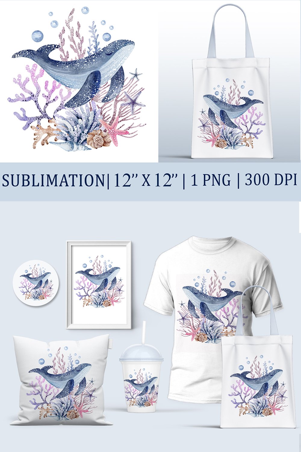 Underwater Watercolor Whale and Coral Reef Sublimation Desig