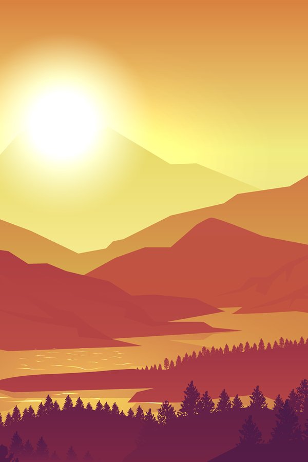 Mountain sunset landscape. Realistic pine forest and mountai