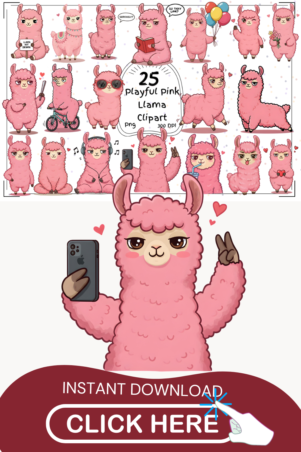 25 Playful Pink Llama Clipart Pack – Fun & Cute Illustration