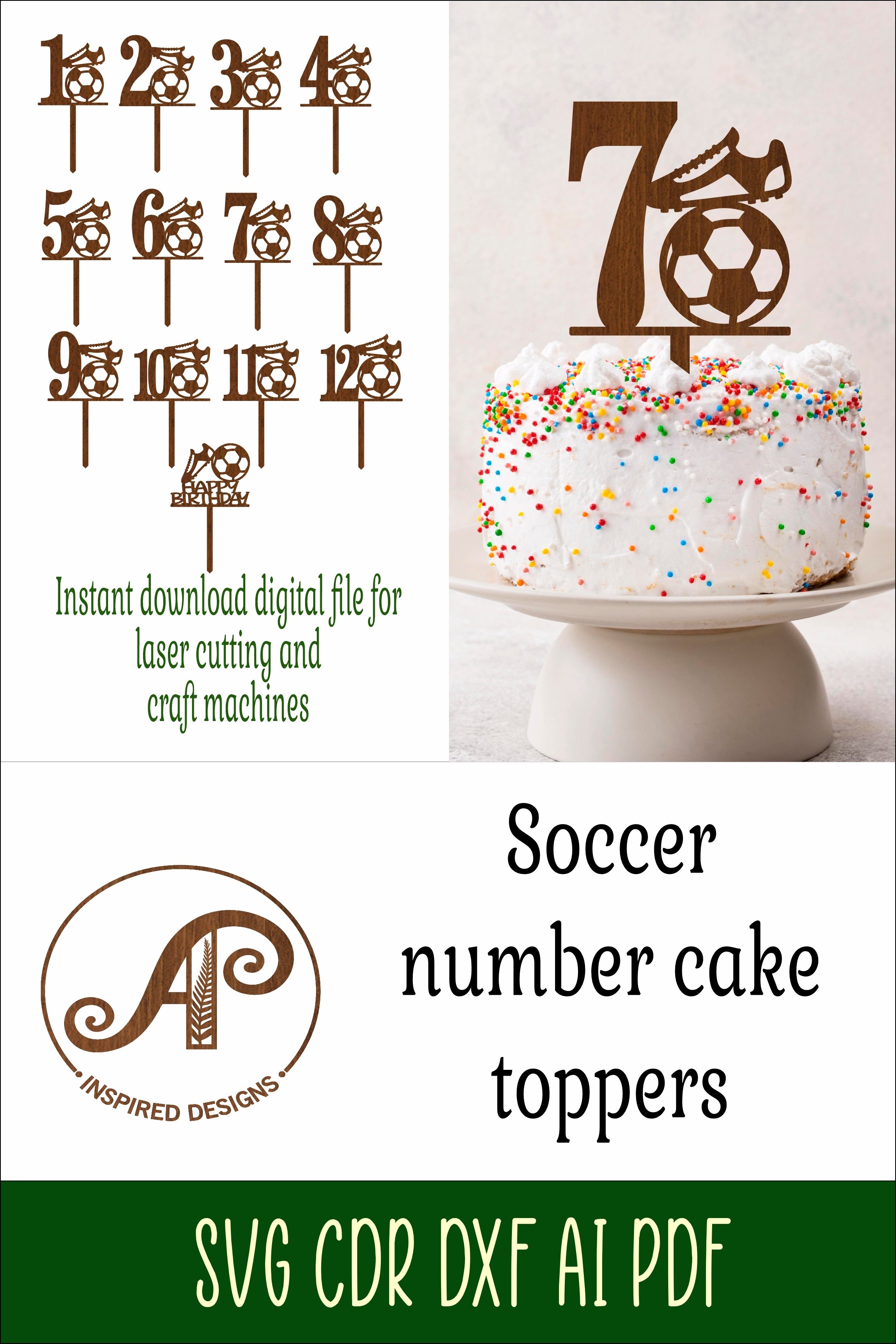 Soccer number cake toppers, 13 designs SVG laser cut