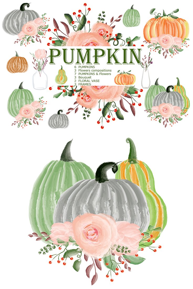 Pumpkin. Flower. Pumpkins set. Frame. Fall. PNG/JPG.