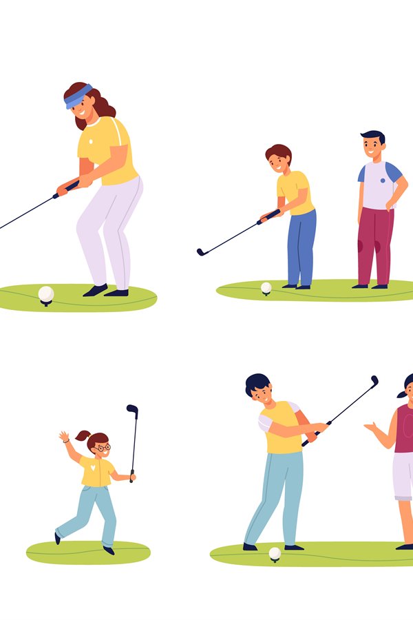 Golf players characters. Different ages golfers, happy men,