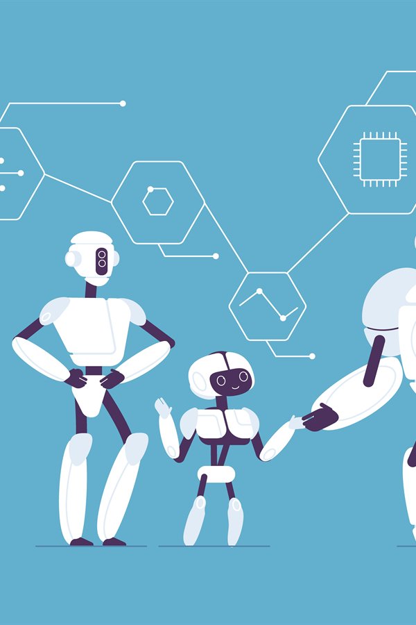 Robot group. Various androids models standing together crowd