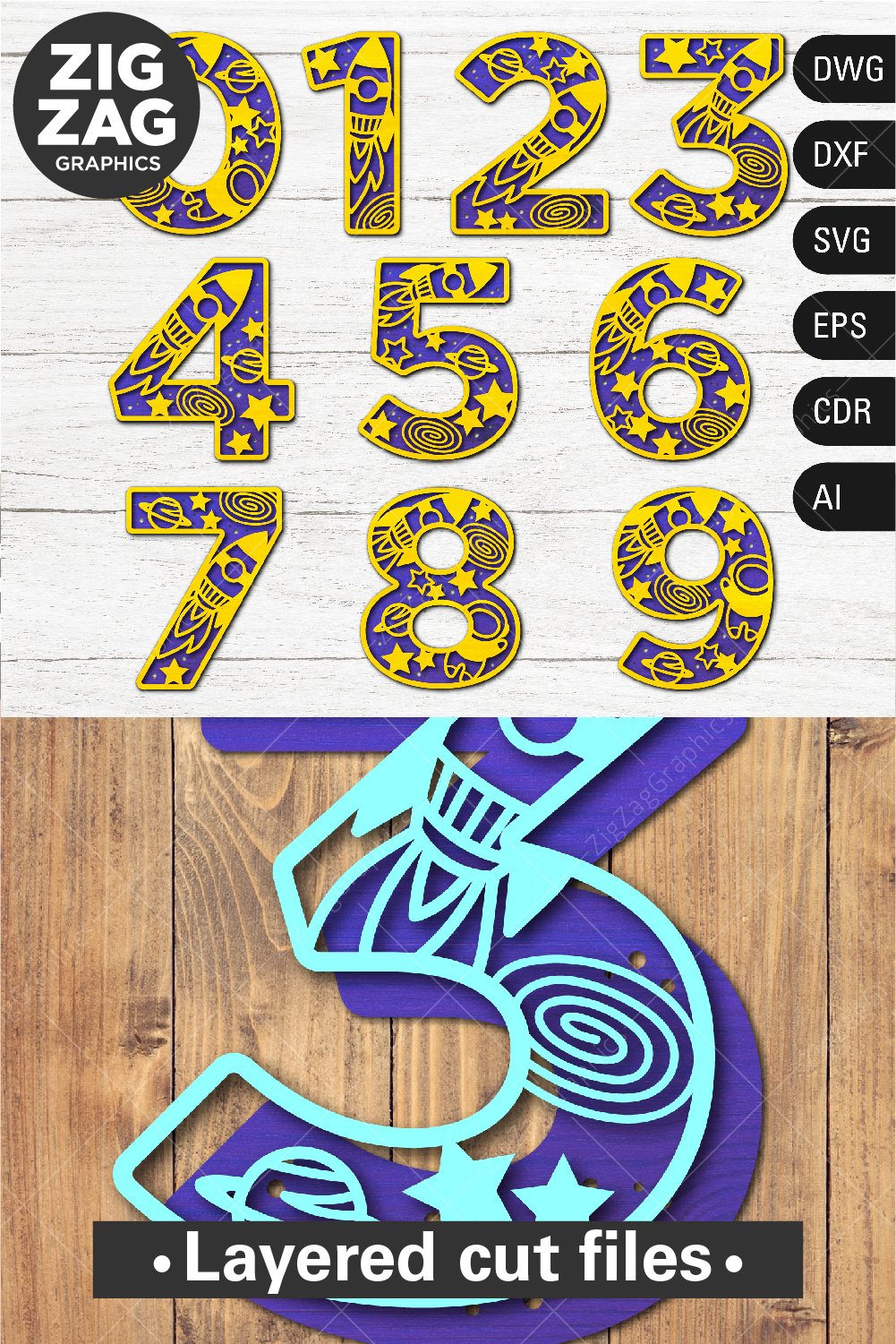 layered kids numbers with space rocket astronaut and stars