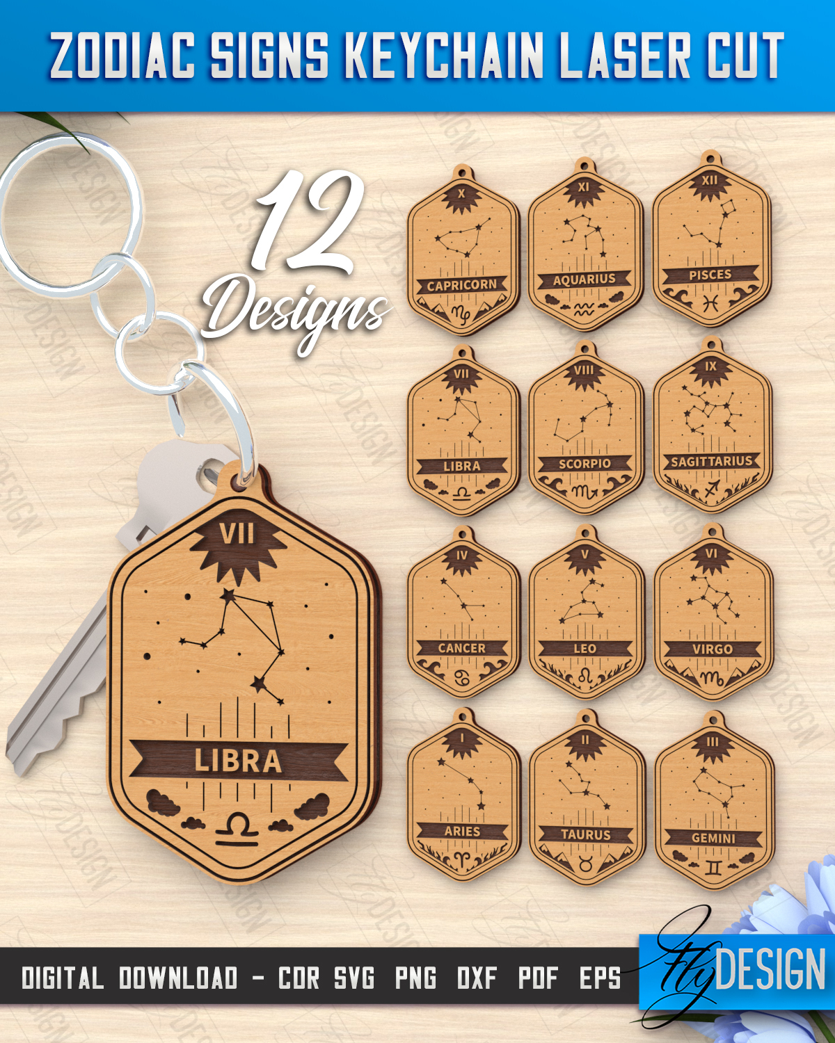 Zodiac Signs Keychains Laser Cut Bundle, Astrology (5427916)