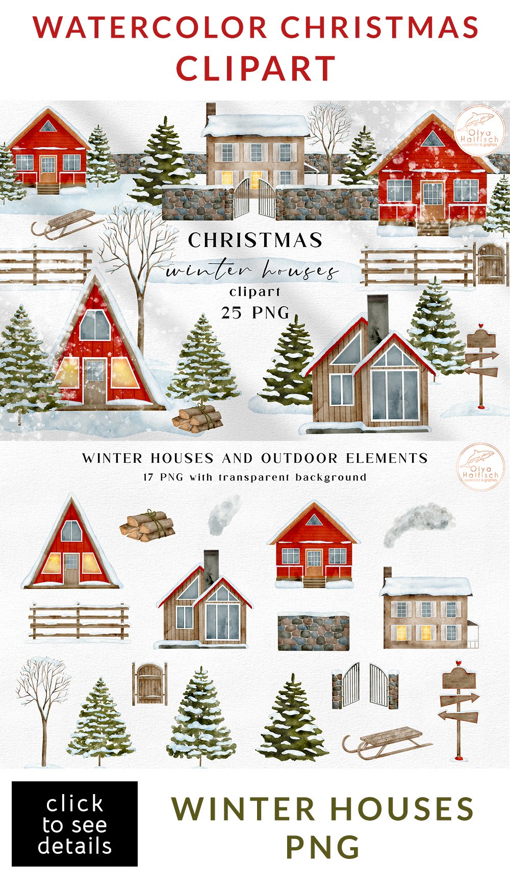 Winter Houses Watercolor Clipart. Christmas Village PNG Set