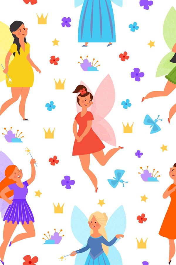 Magic fairy pattern. Cute fairies, princess flying on butter