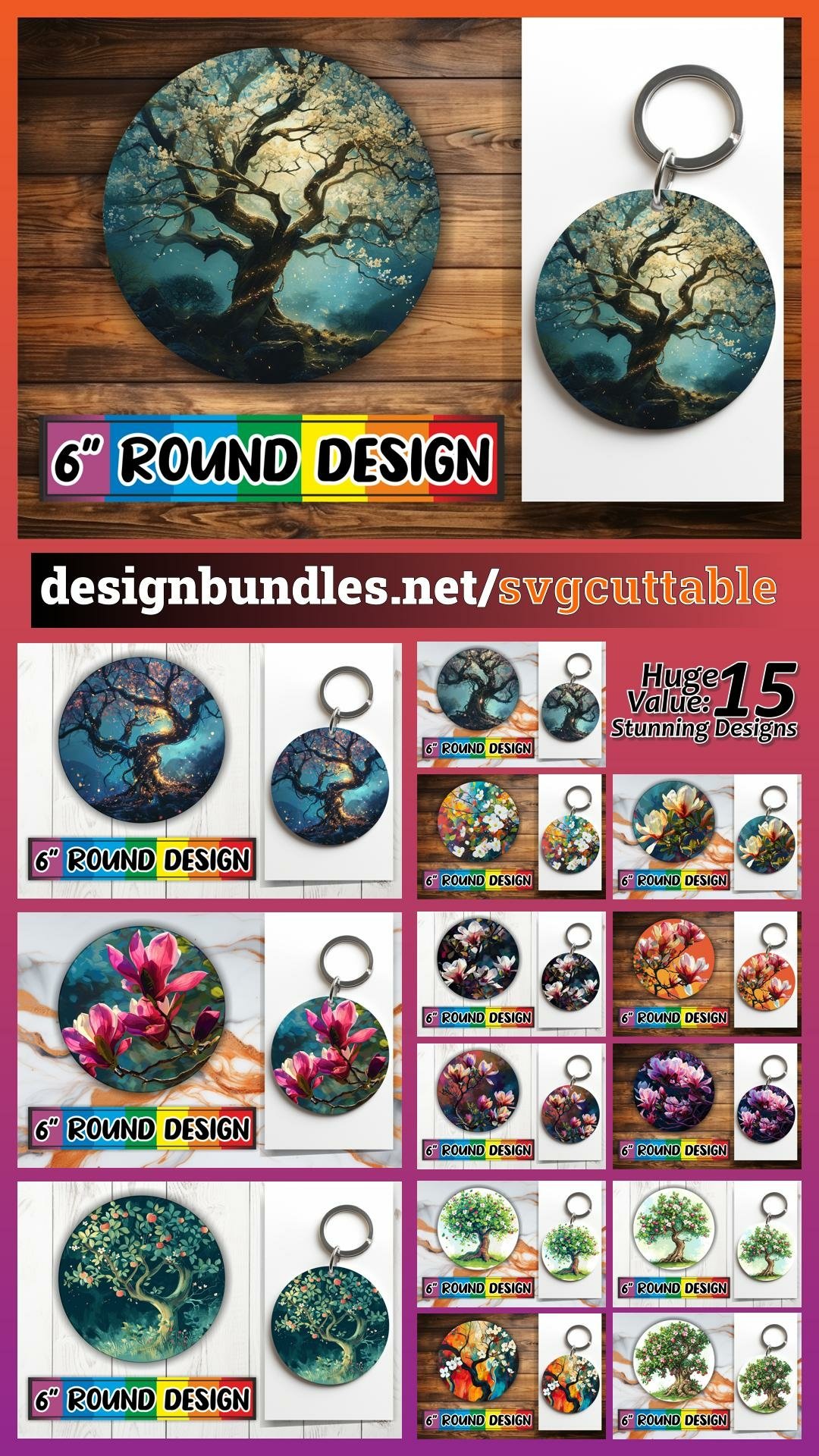 15x Tree Round Sublimation Design Bundle, Bloom Sublimation