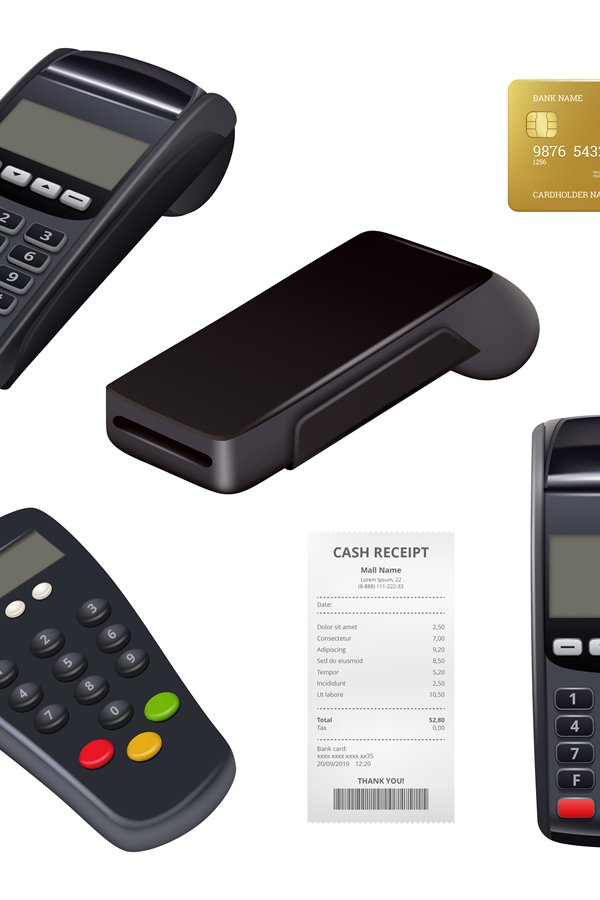 Payment terminal. Closeup money receipt credit card machine