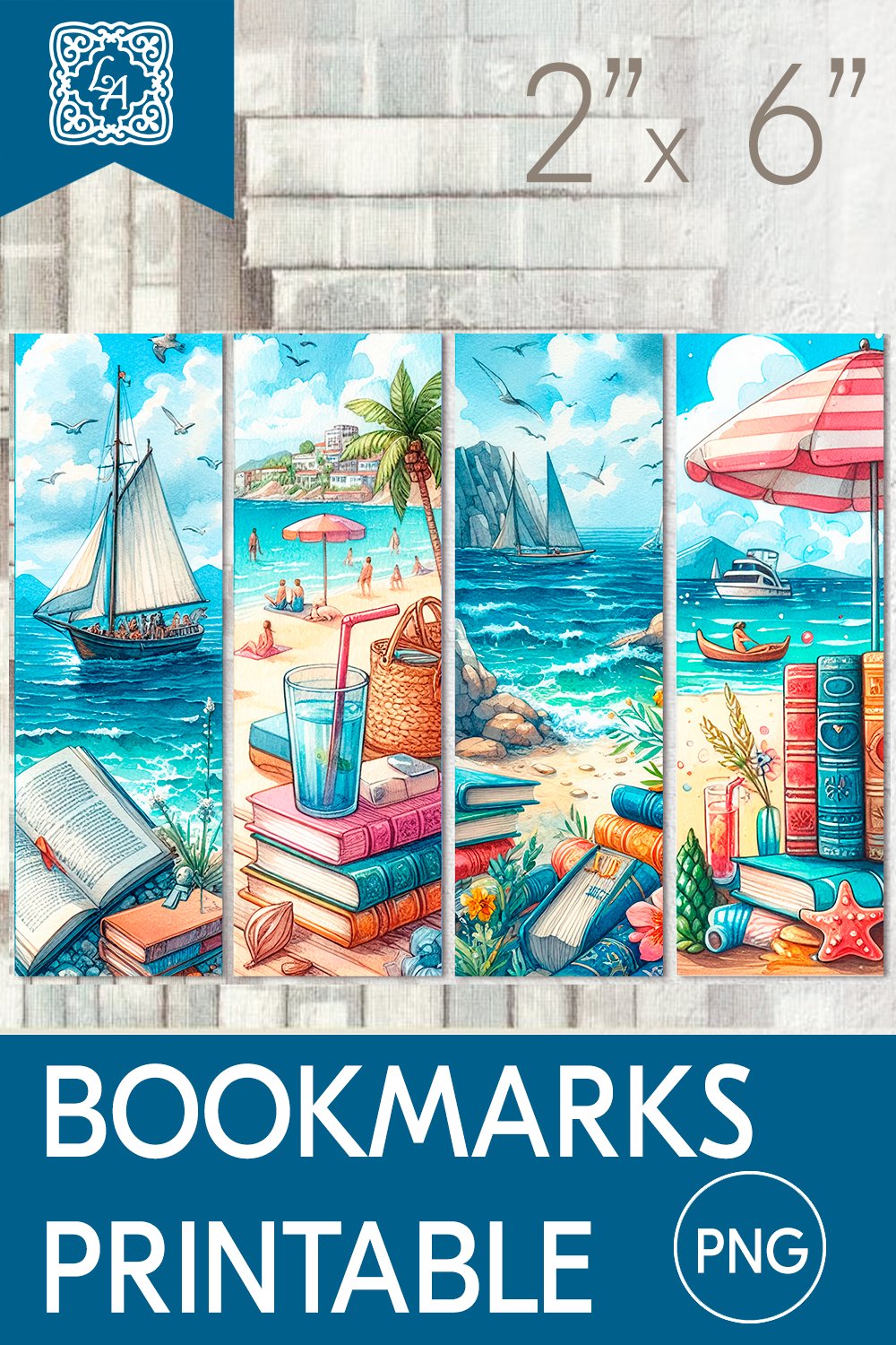 Books & Sea Printable Bookmark 4 PNG