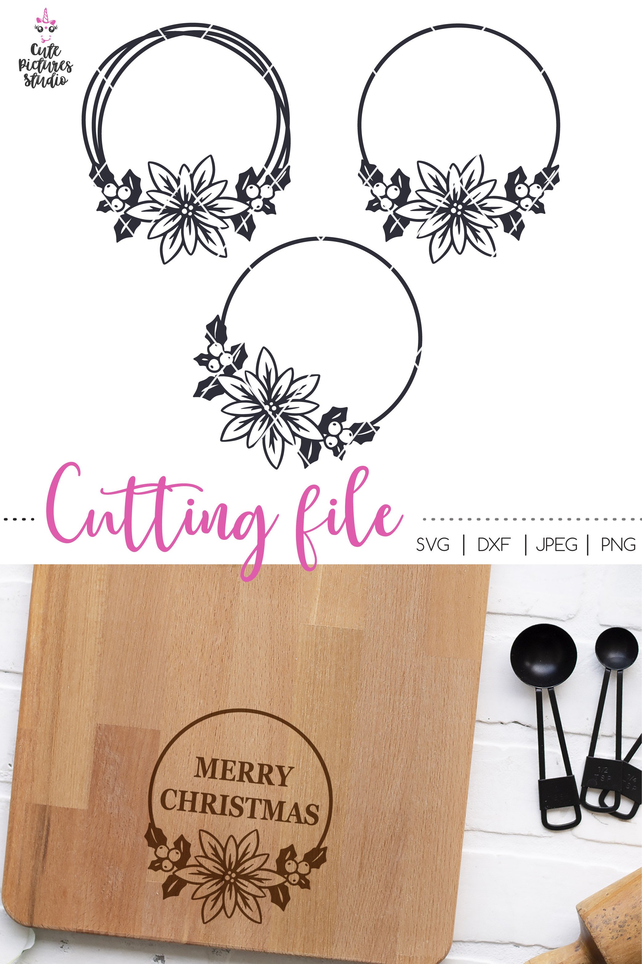Poinsettia and holly Christmas Monogram frame SVG cut file