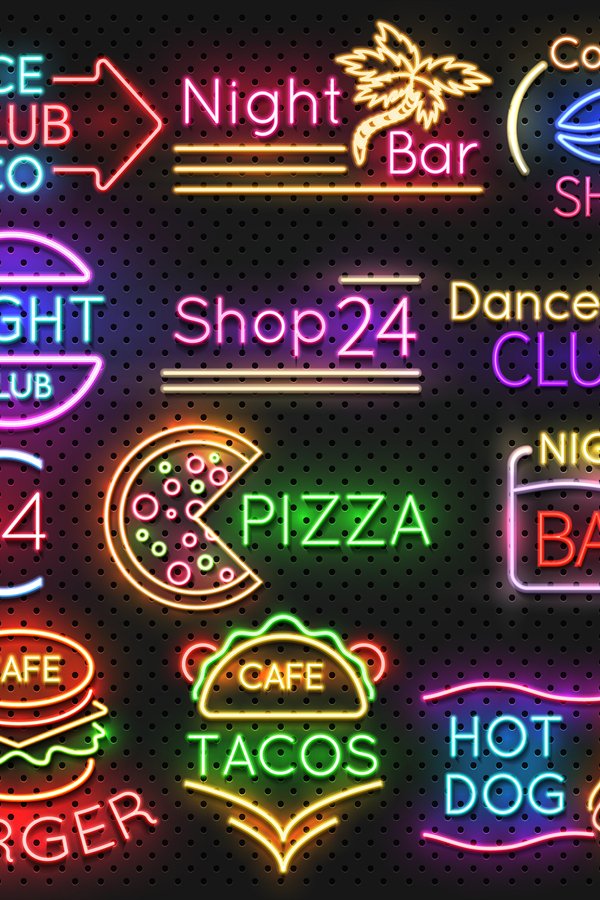 Bright roadside neon signs. Fast food and beer pub light vec