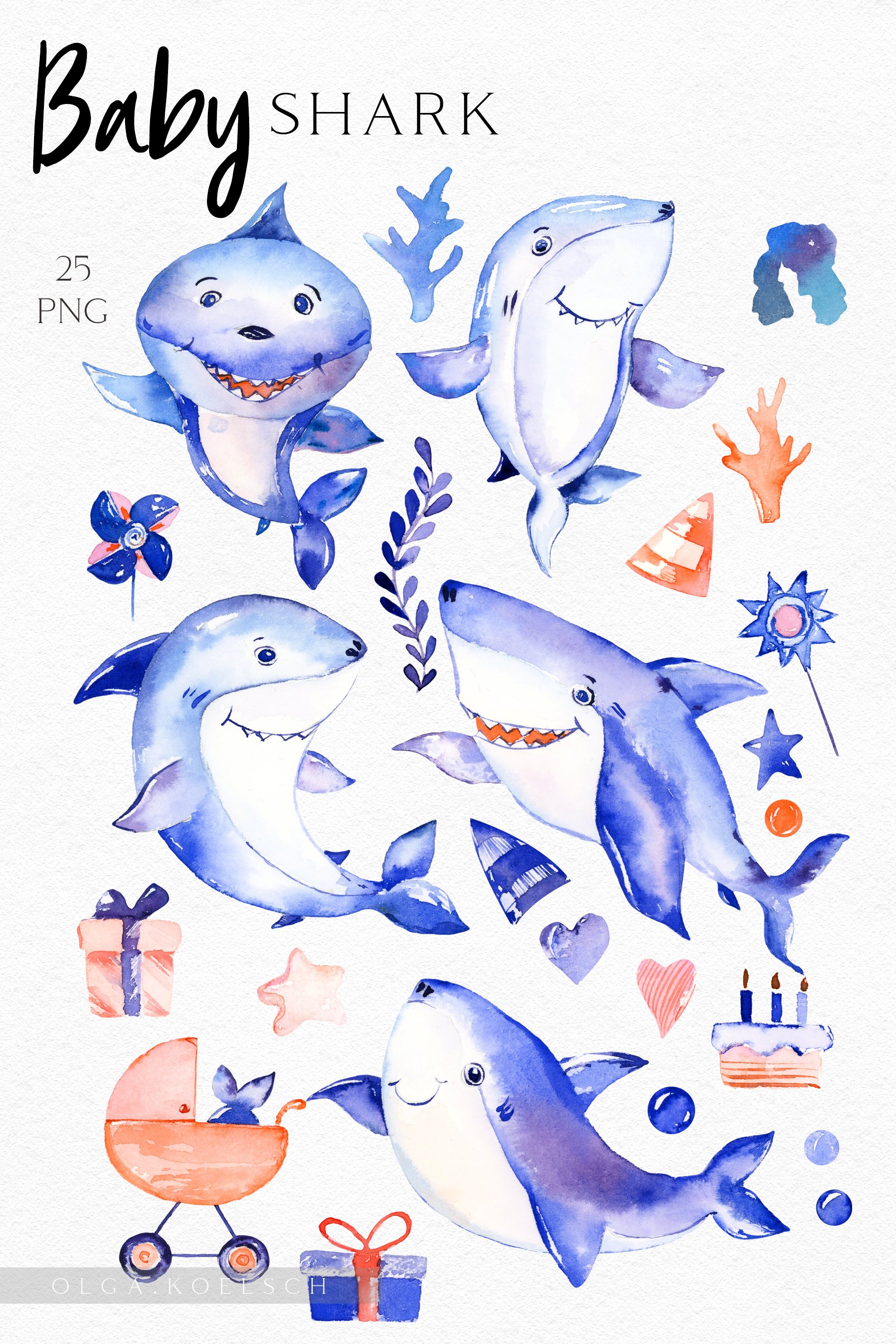 Watercolor baby shark clipart, Nautical baby shower mama