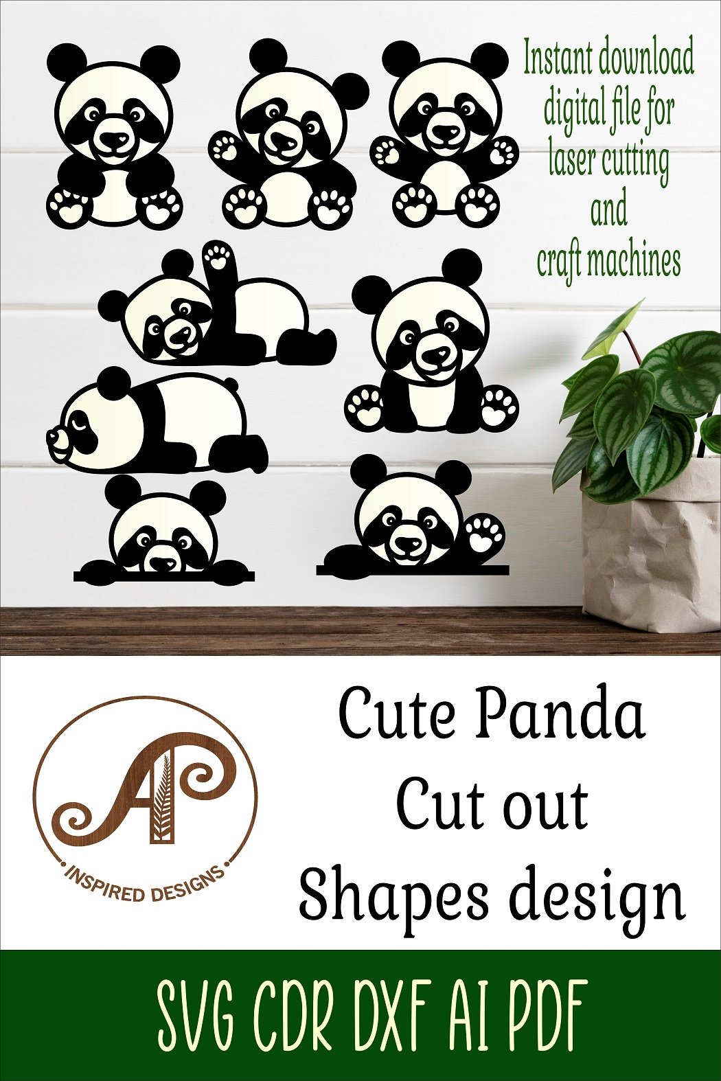 Cute Pandas laser cut file shapes. 8 two layer shapes