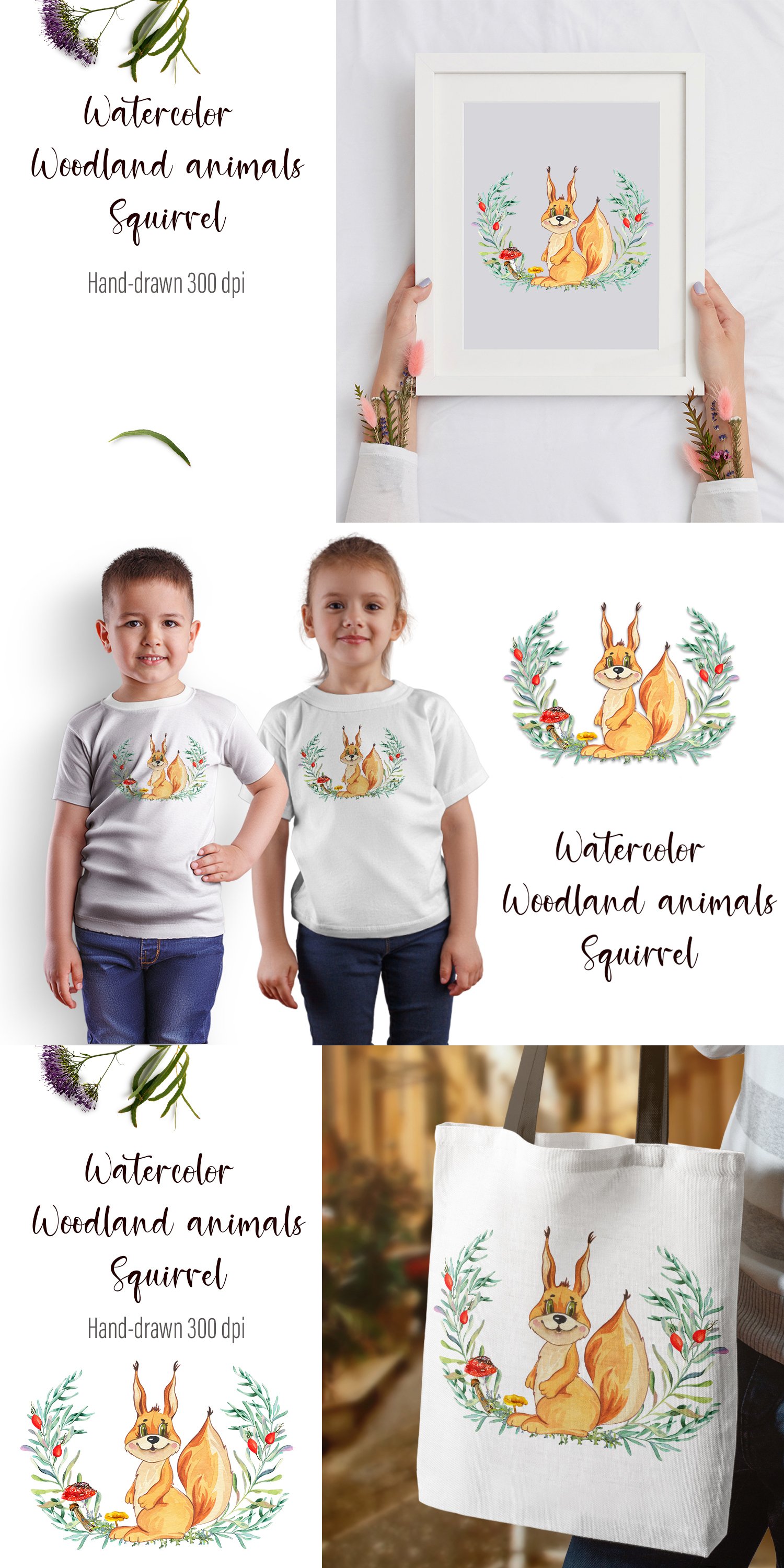 Watercolor squirrel and beautiful wreath PNG for sublimation