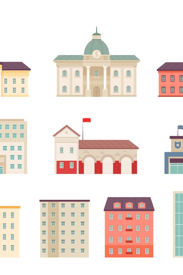 Municipal buildings. Government houses city library hospital