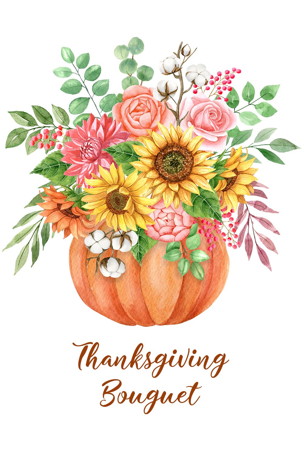 Watercolor clipart Pumpkin with autumn bouquet. (1596546)