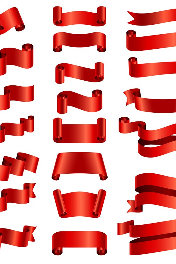 Red silk ribbon banners. 3d curved and spiral glossy ribbons
