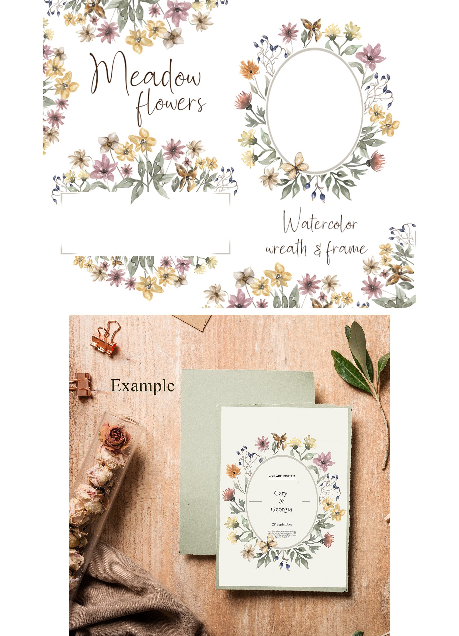 Watercolor Meadow Flowers Frame and Wreath Set