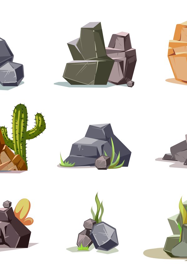 Stones and nature rock set with cartoon green grass isolated