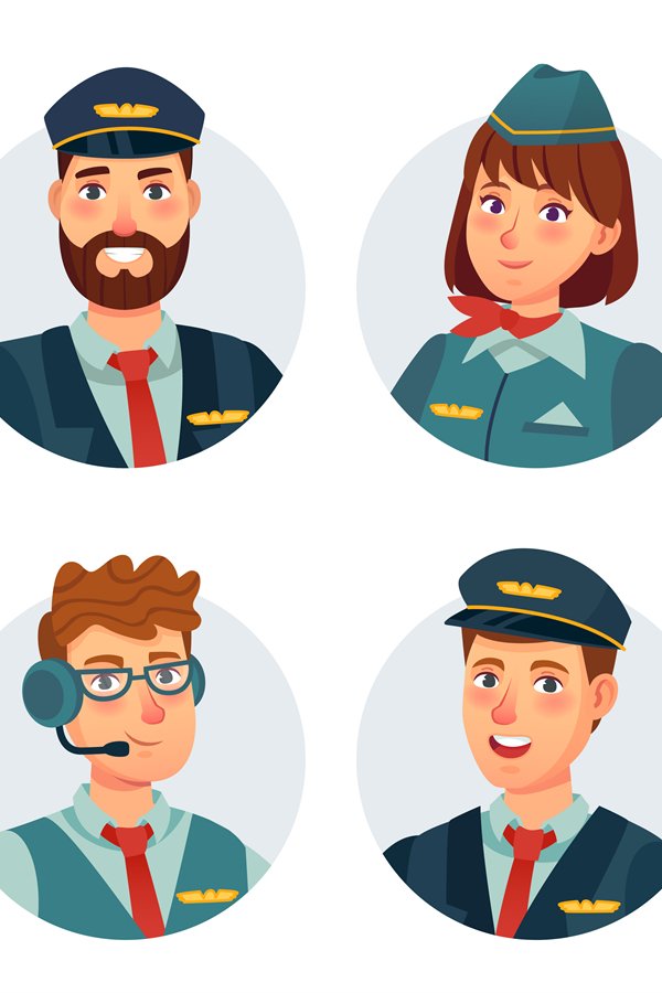 Air crew avatars. Airline pilot, ship captain, stewardess, f