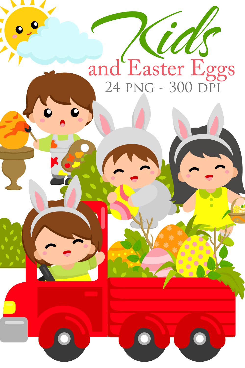 Happy Easter Kids and Decorated Eggg Illustration Cartoon