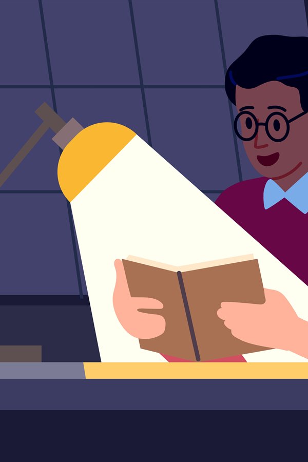 Teaching-light. Table lamp illuminates person holding textbo