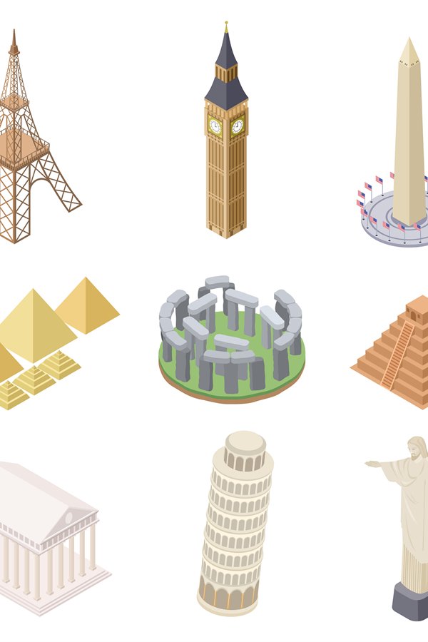 Isometric landmark. Famous building travel landmarks pyramid