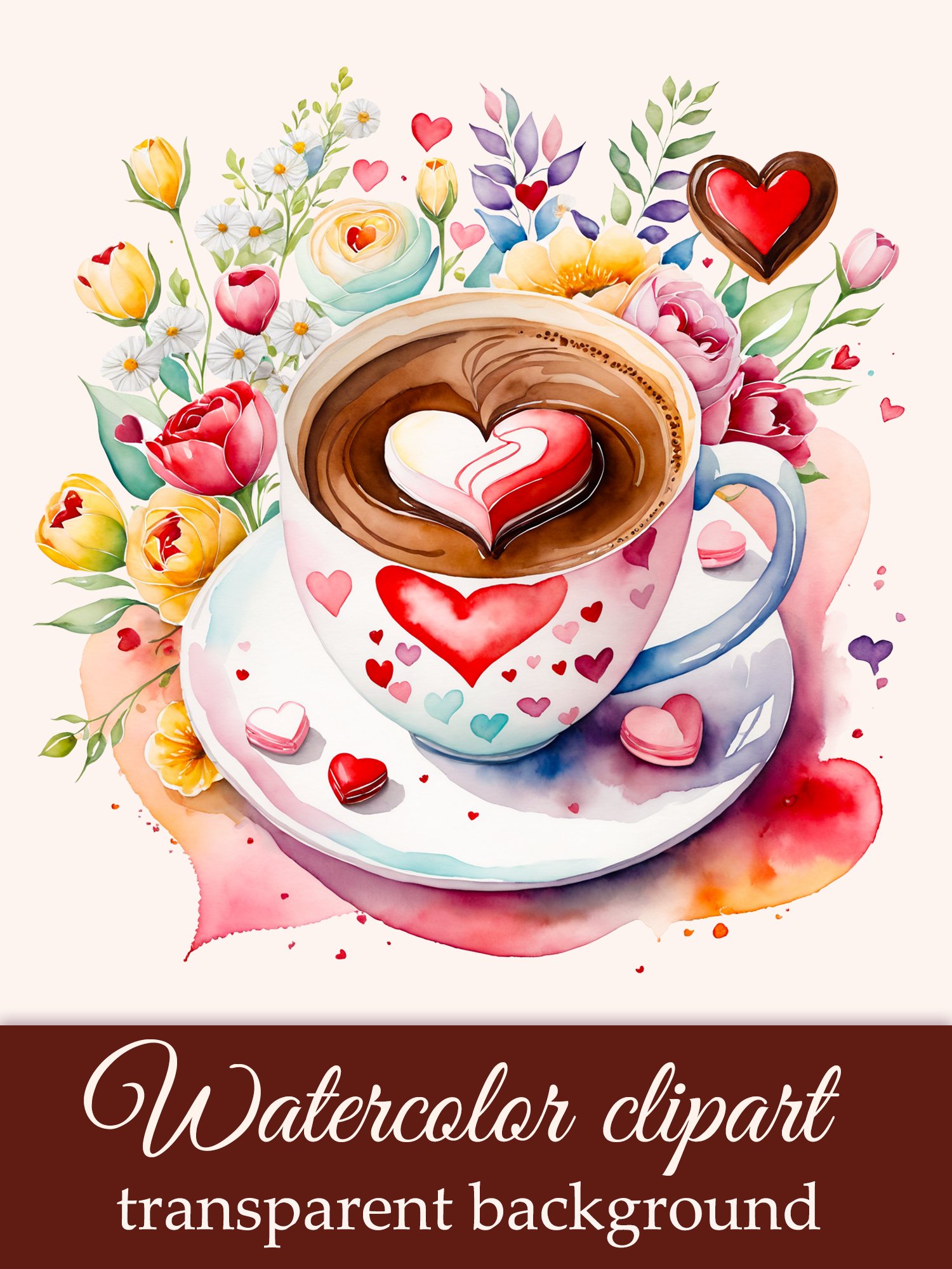 Watercolor coffee cup with hearts and chocolate, clipart Png