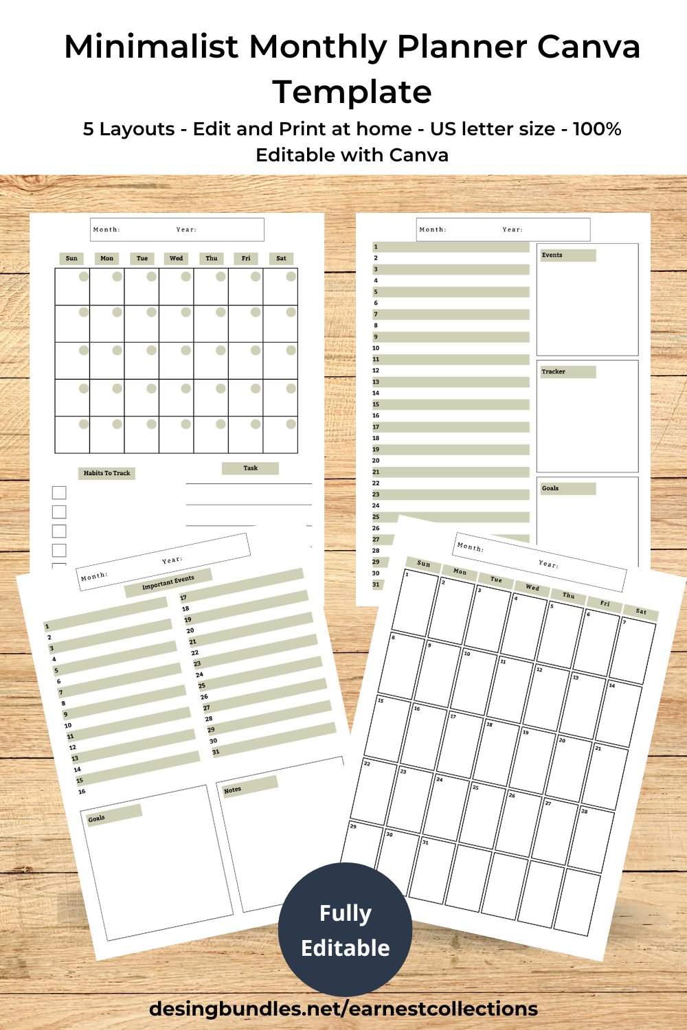 Minimalist monthly planner template - editable with Canva