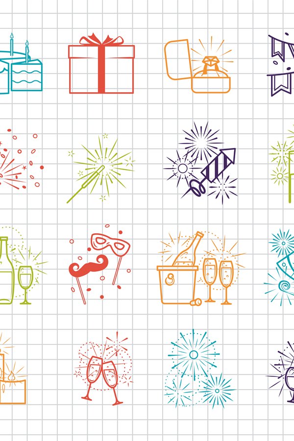 Celebration line icons with drinks, garland and fireworks