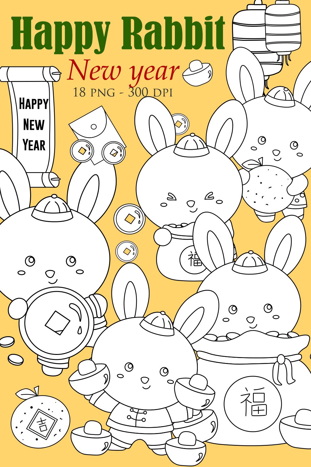 Happy Rabbit Chinese New Year 2023 Digital Stamp Outline