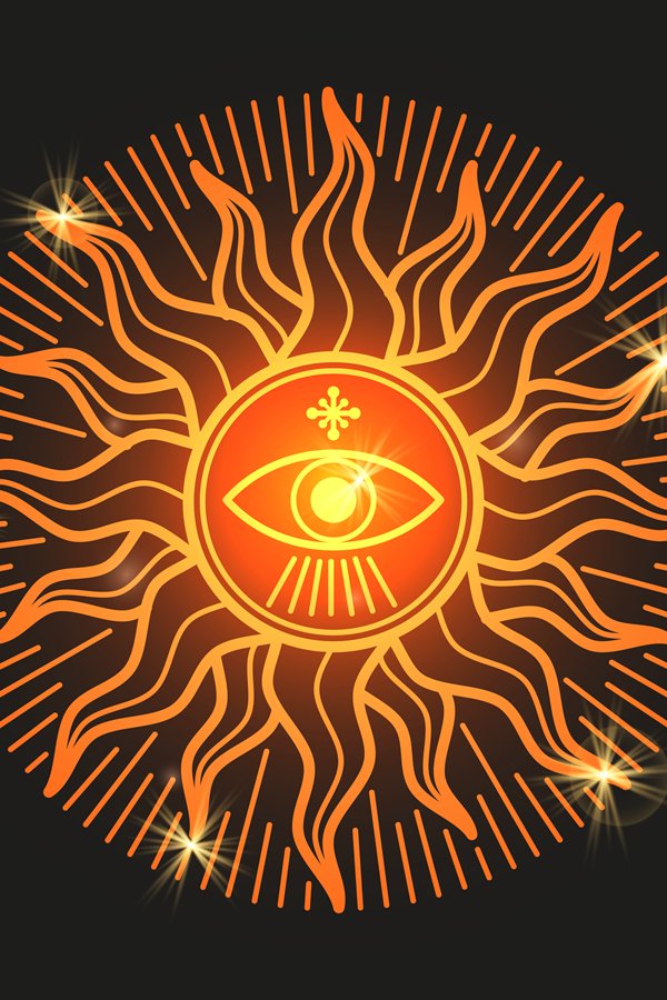 Esoteric mystery shiny sun sign on black background