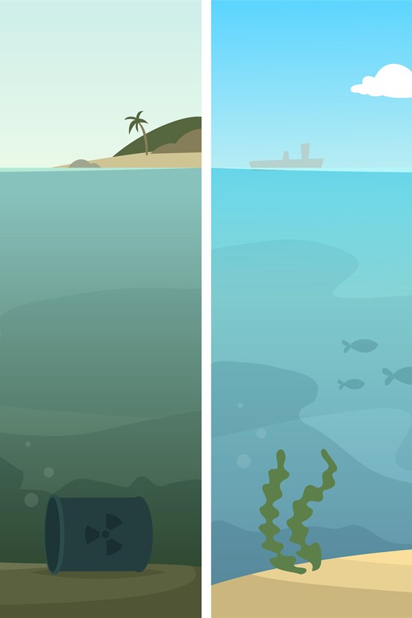 Clean and dirty water. Save ocean, waste in sea and cleaning