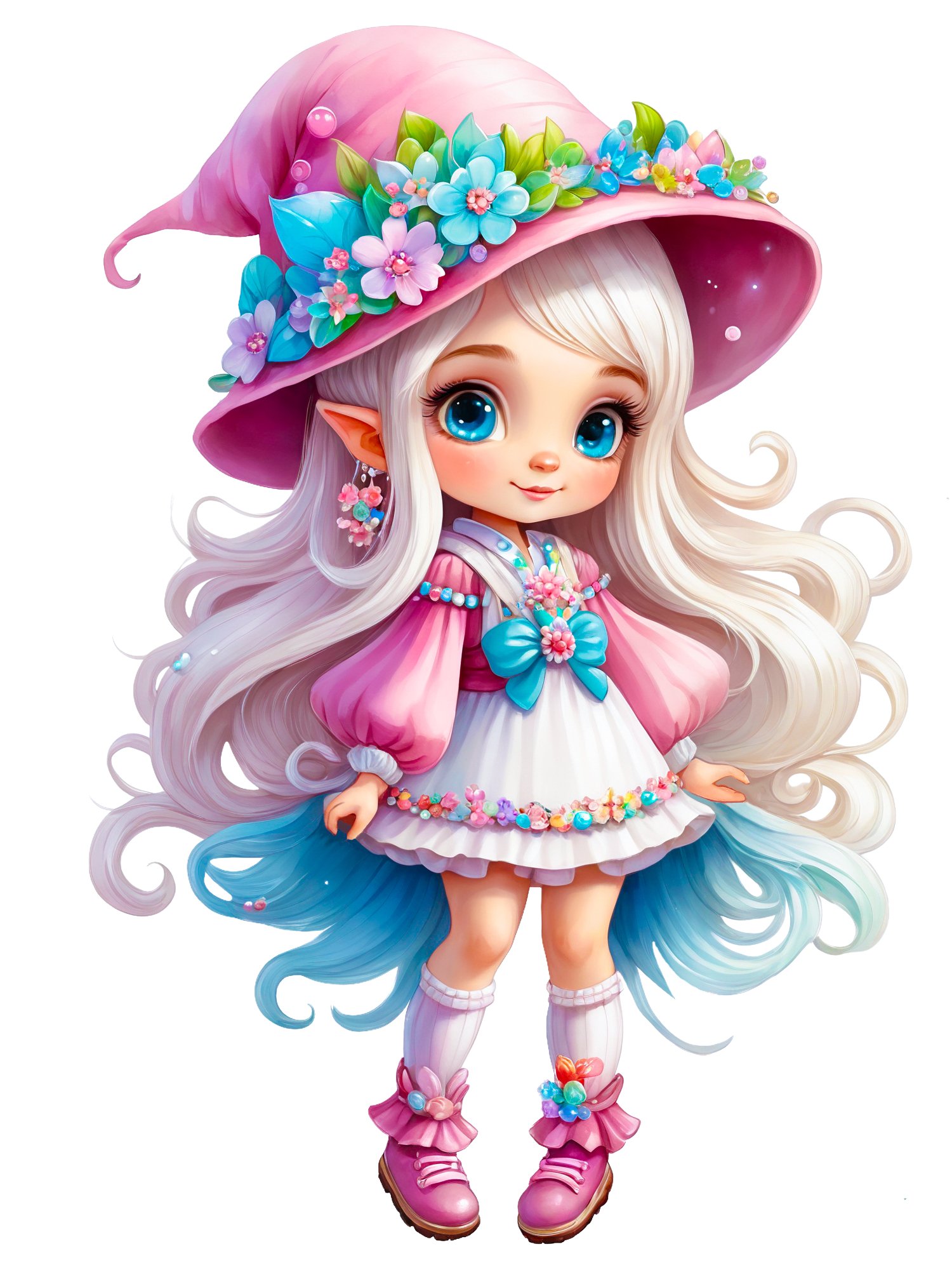 Cute Garden Gnome Girl in Flowers Clipart PNG