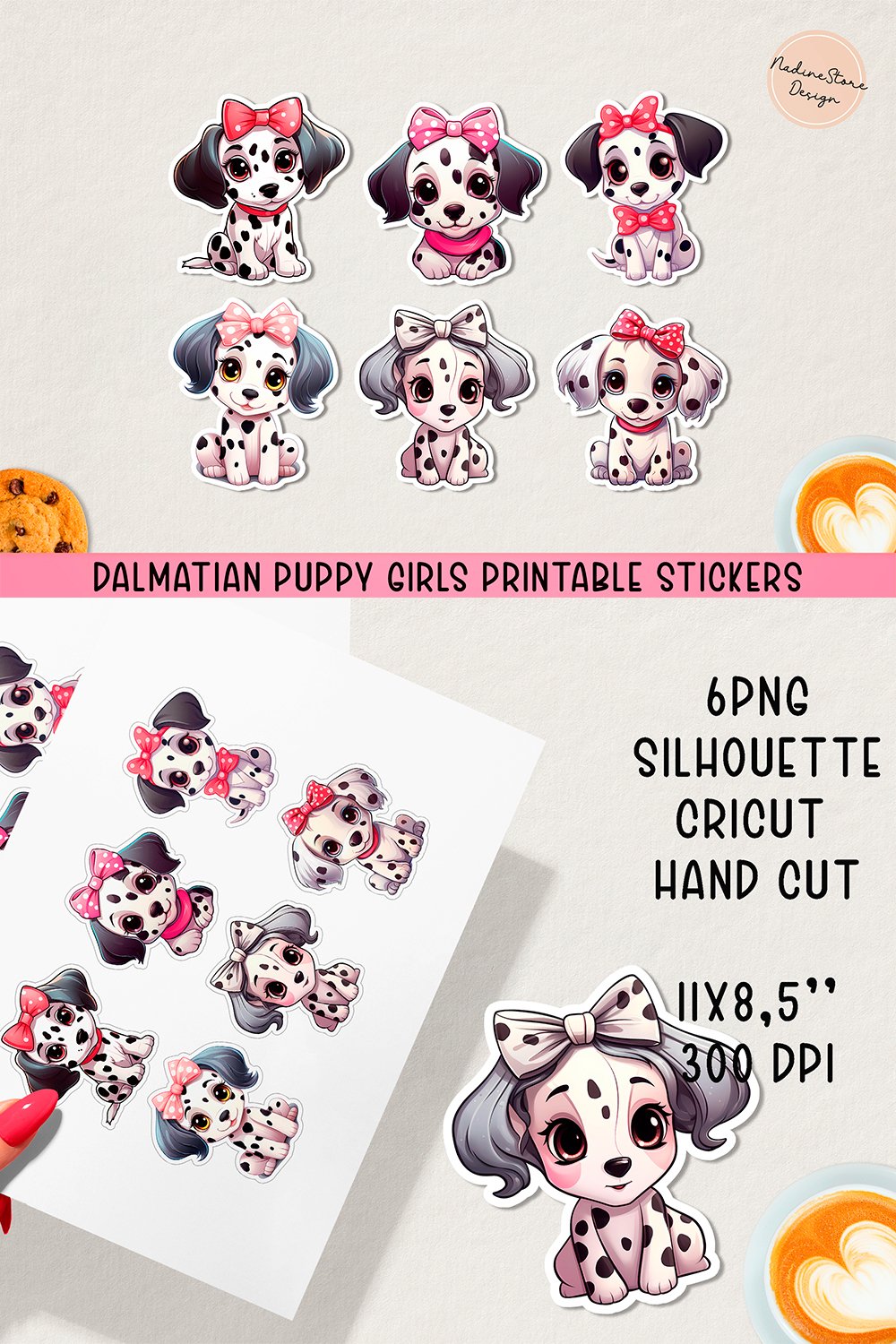 Dalmatian puppy girl printable stickers. PNG, JPG.