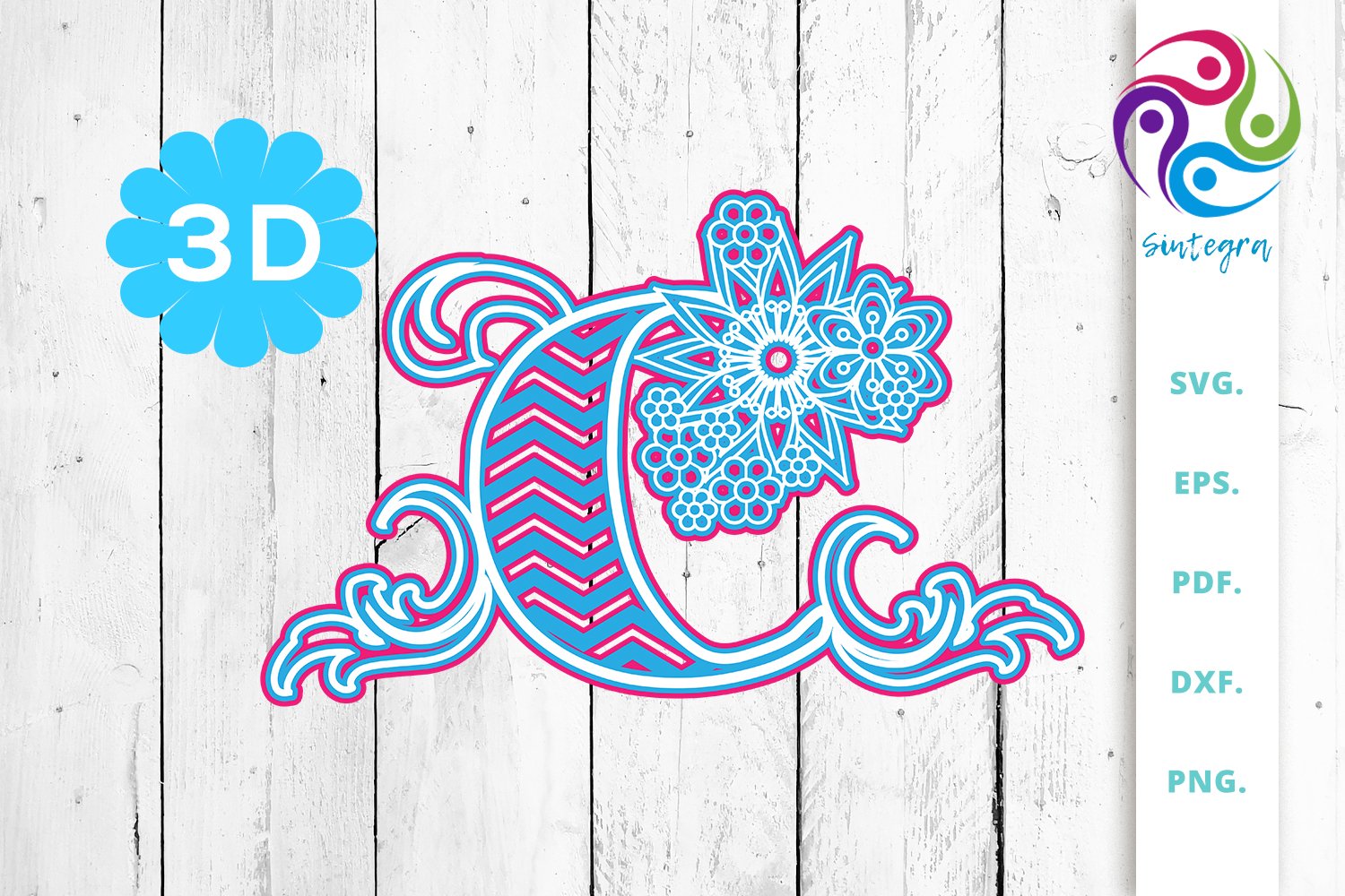 3D Multilayer Floral Chevron Letter C , SVG Cut File