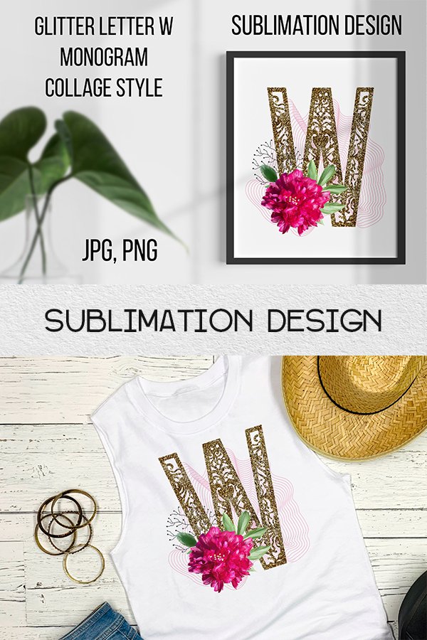 Gold lase letter W, Monogram collage, Sublimation design