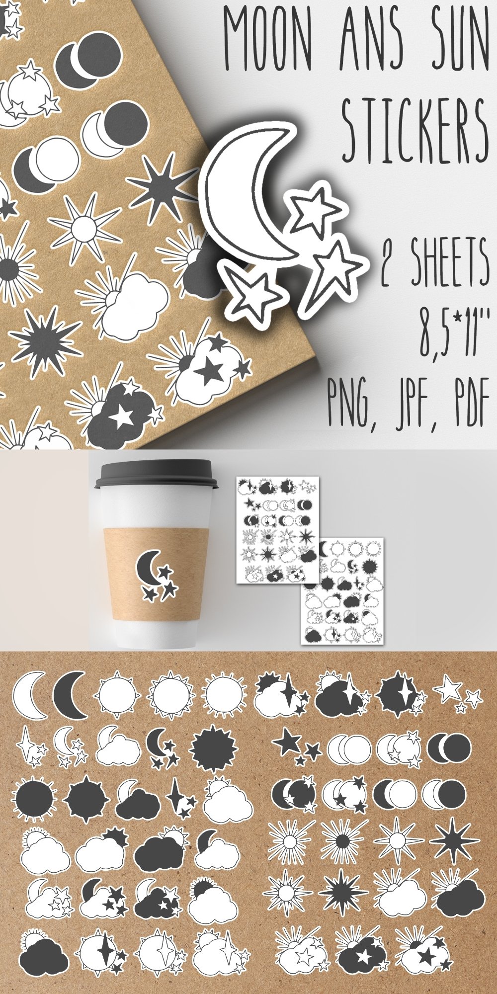 Moon, stars and sun - mystical stickers bundle